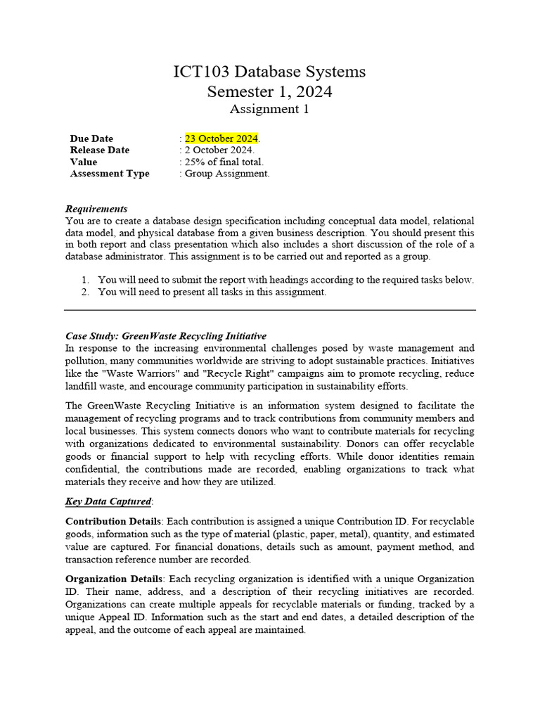(Group7) ICT103 Database Systems Assignment 1 | PDF | Recycling | Data Model