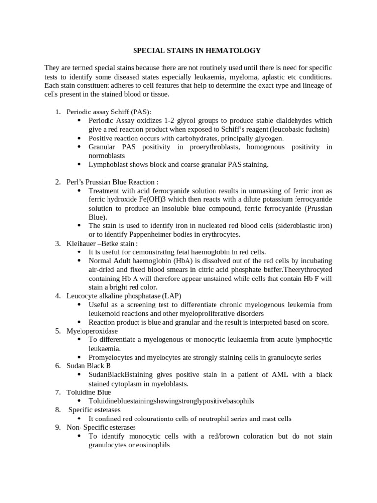 Special Stains in Hematology Overview | PDF | Staining | White Blood Cell