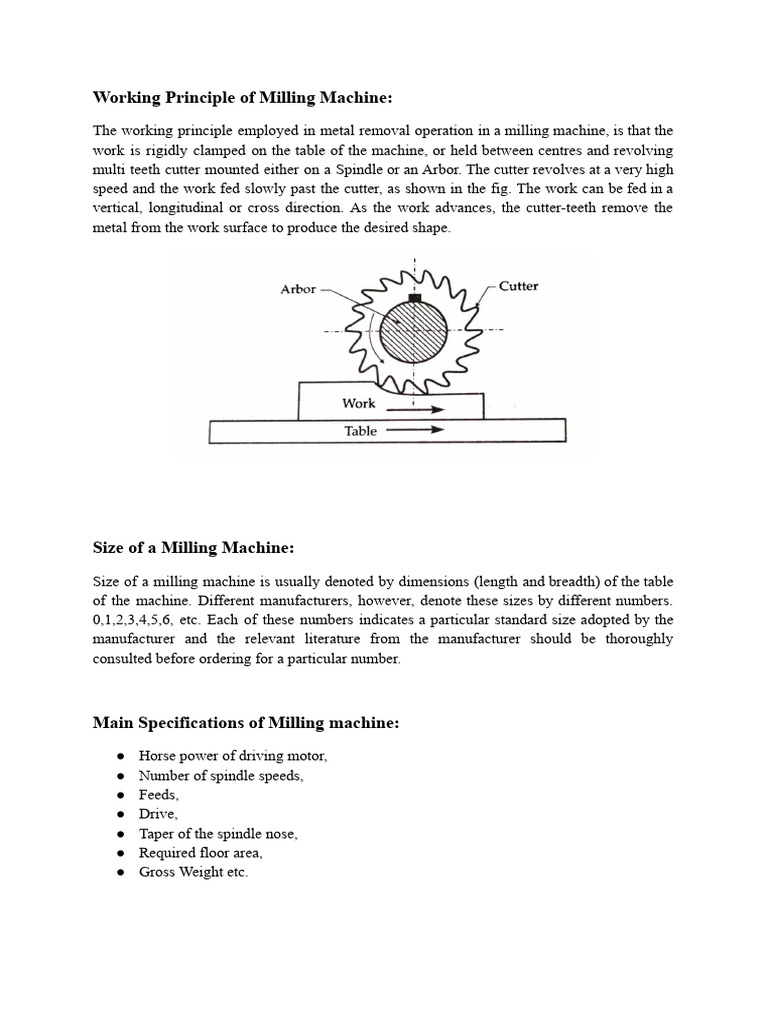 Milling Machine Working Principle and specifications.docx | PDF