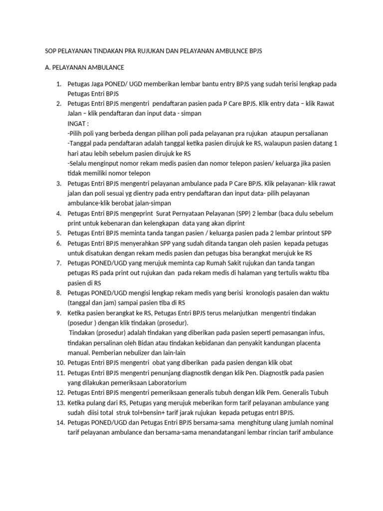 Sop Pelayanan Tindakan Pra Rujukan Dan Pelayanan Ambulnce BPJS | PDF