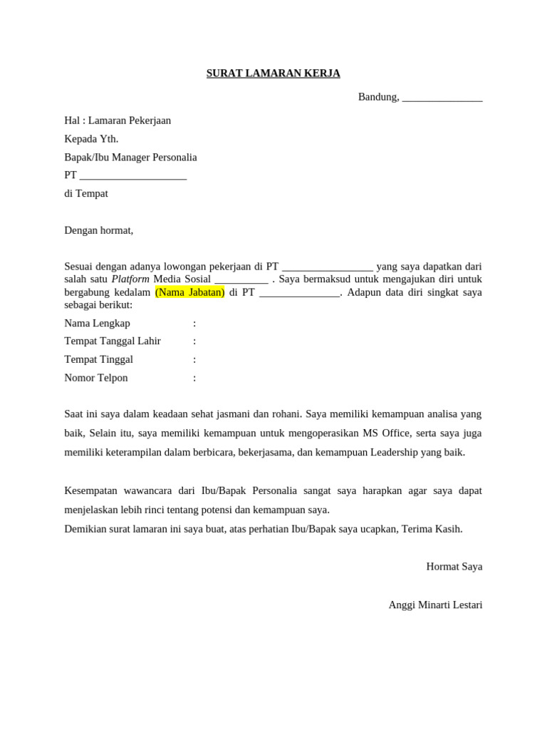 Surat Lamaran Kerja - Anggi Minarti Lestari | PDF