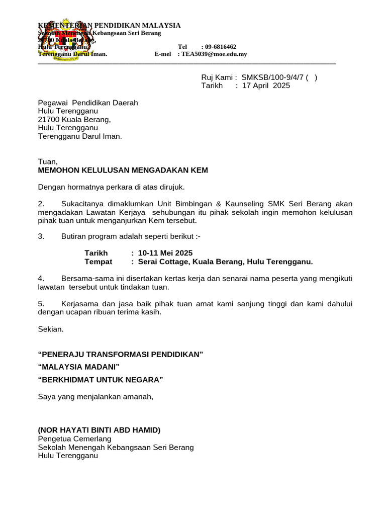 Surat Permohonan Kelulusan Lawatan | PDF