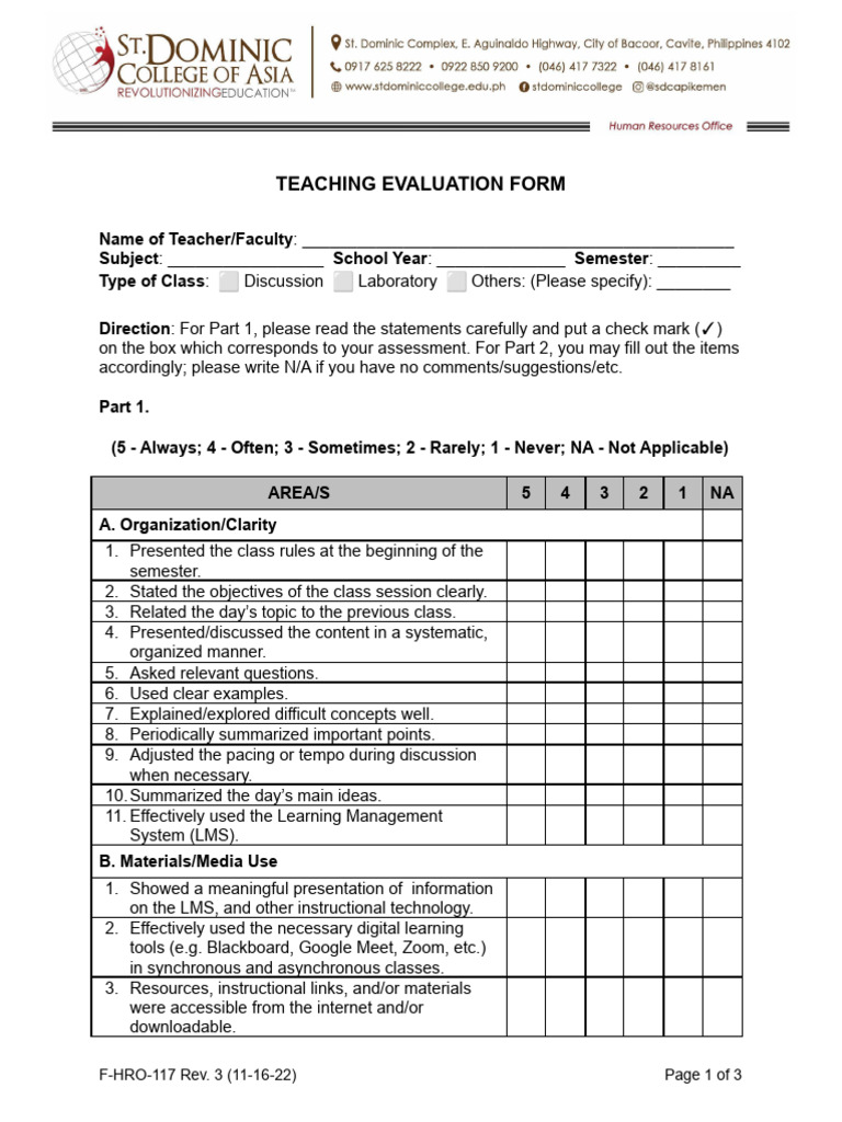 Teacher Evaluation Form Template | PDF | Pedagogy | Education Theory