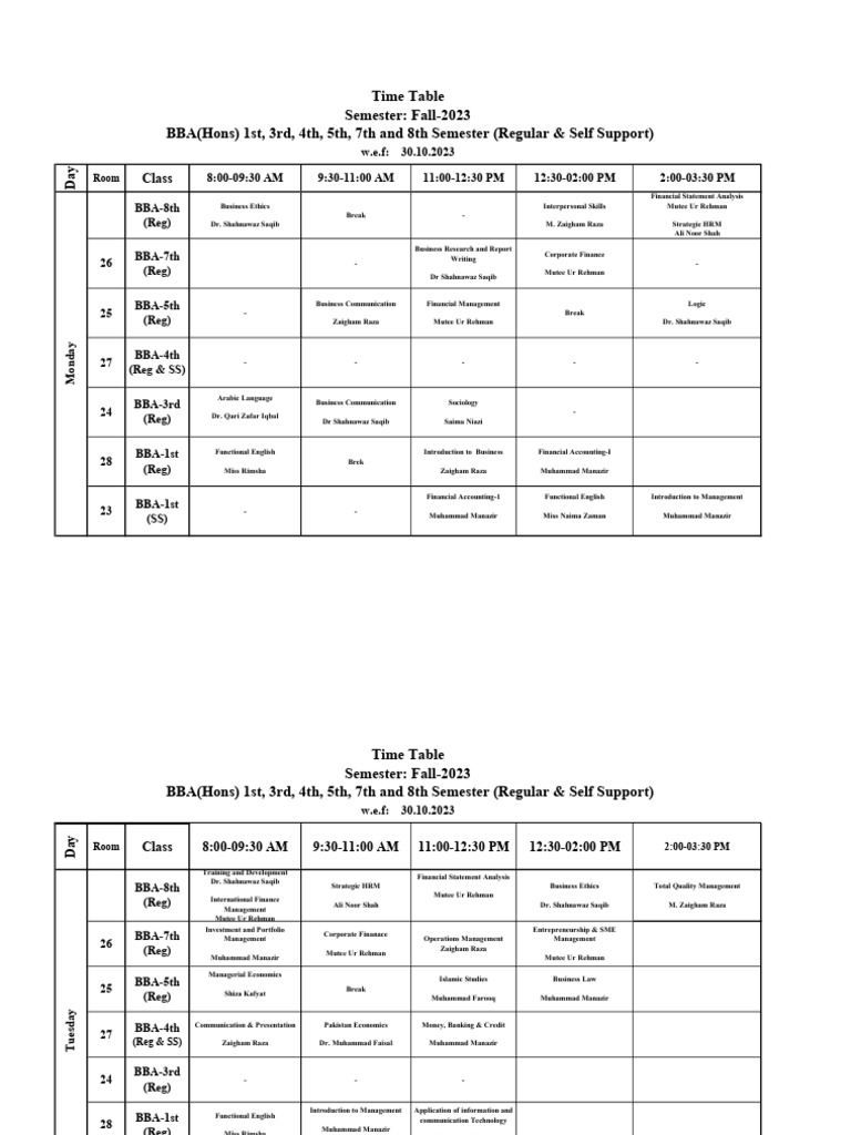 Fall 2023 BBA Semester Timetable | PDF | Muhammad Zia Ul Haq | Business