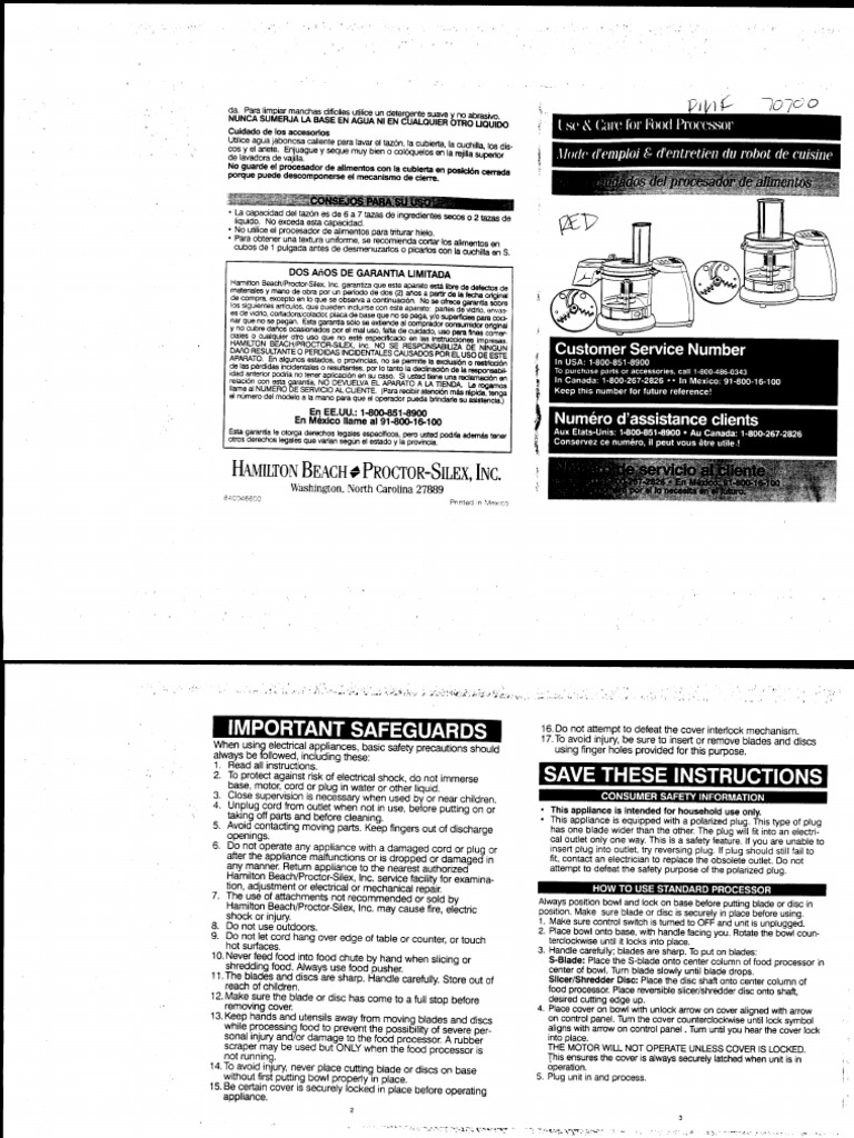 Manual Hamilton-Beach Food Processor Model 70700 | PDF