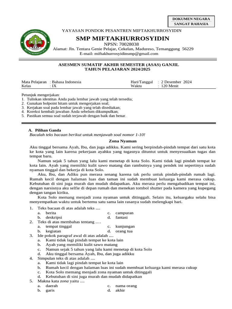 Soal Bahasa Indonesia Kelas IX Semester 1 | PDF