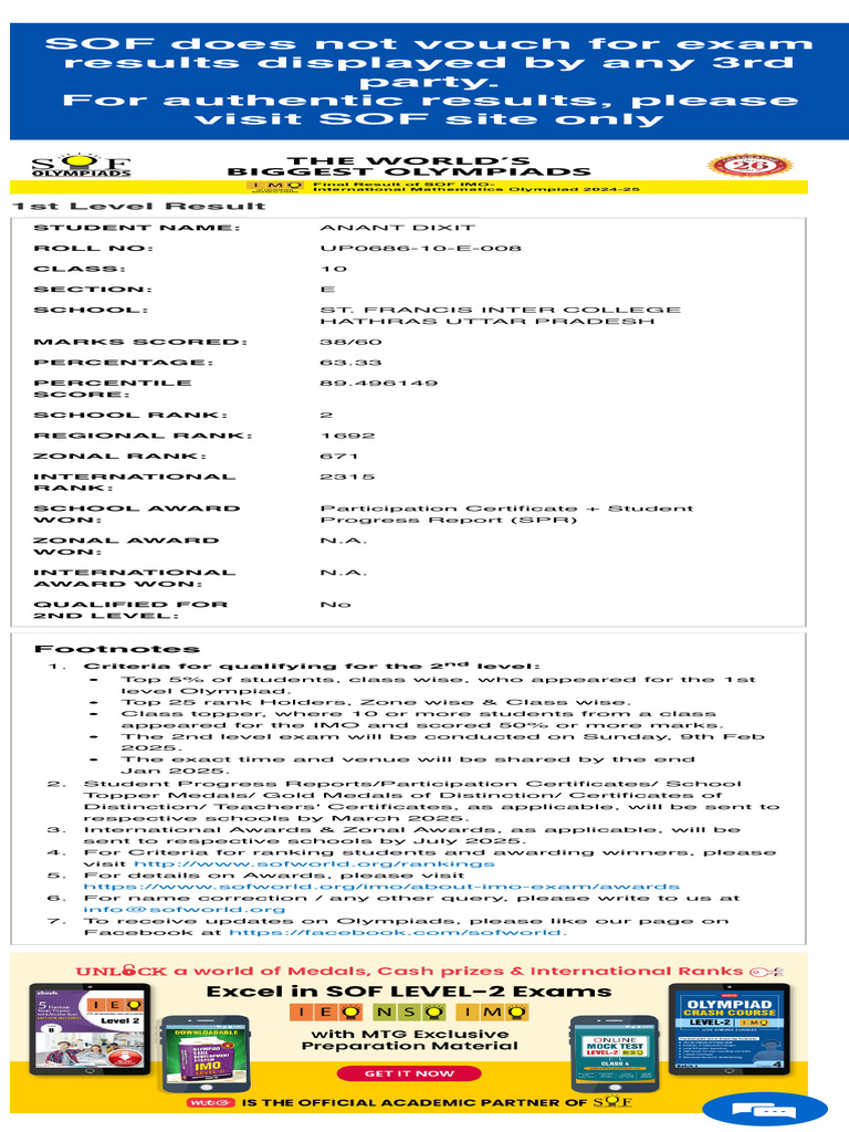 SOF Olympiad 1st Level Result for Anant Dixit | PDF