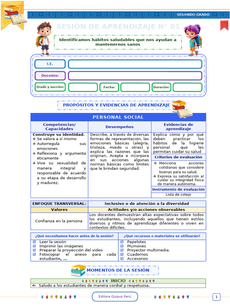 2.- Sesiones de aprendizaje - Semana 1 - UDA II - Editora Quipus Perú | PDF | Evaluación ...