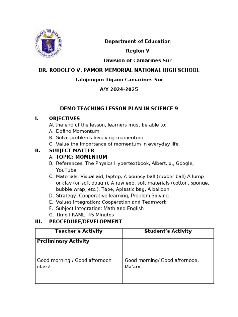 Detailed Lesson Plan Energy Consumption Grade 9 | PDF | Momentum | Velocity