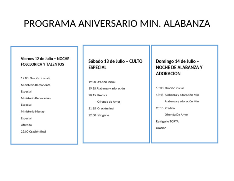 PROGRAMA ANIVERSARIO Ministerio de Alabanza | PDF