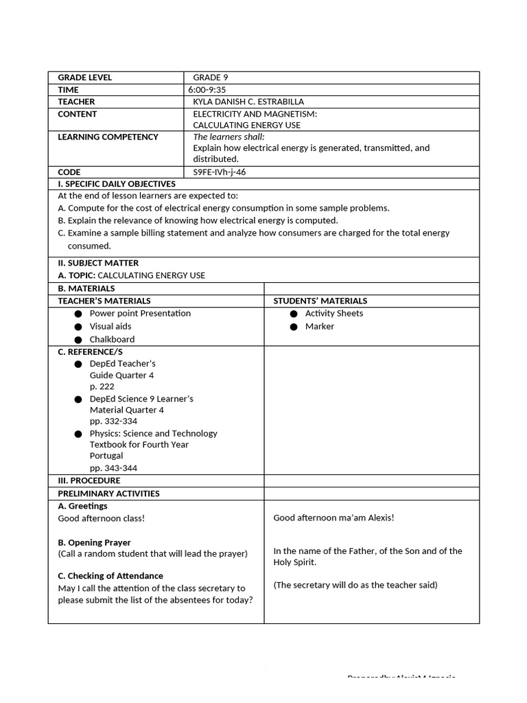 Detailed Lesson Plan Energy Consumption Grade 9 | PDF | Watt ...