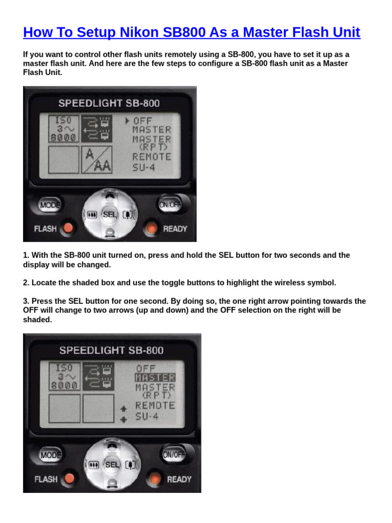 Setup Guide for Nikon SB-800 Master Flash | PDF