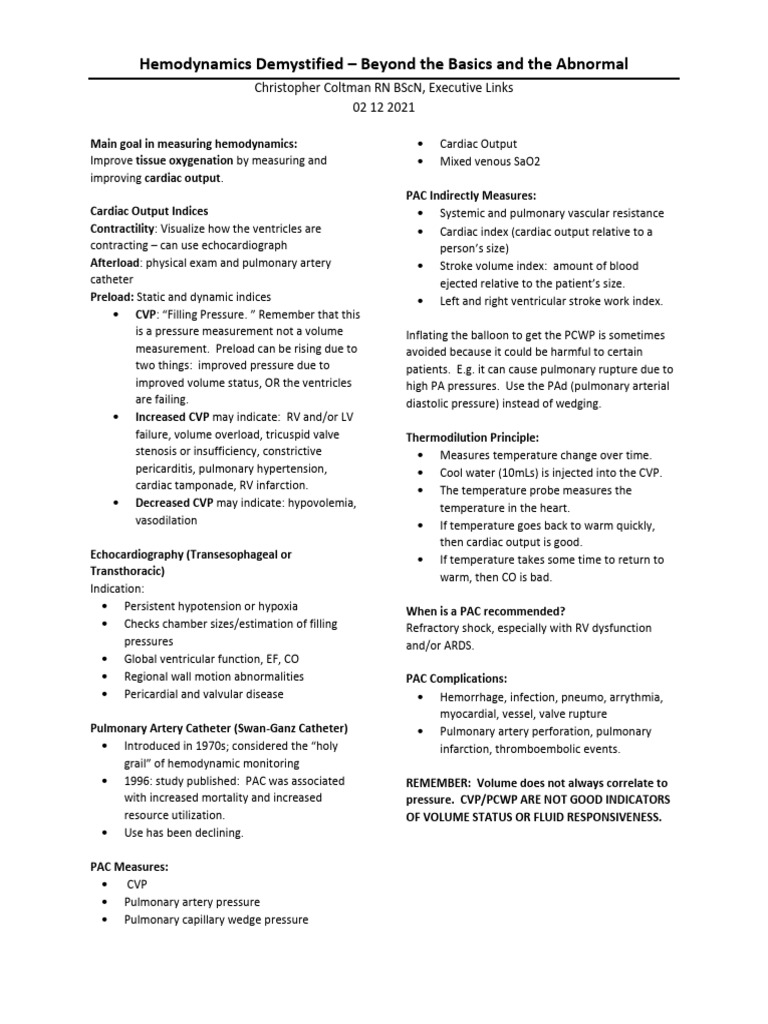 NOTES - Hemodynamics Demystified B | PDF | Heart | Diseases And Disorders