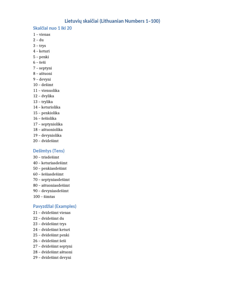 Lithuanian Numbers 1 To 100 | PDF