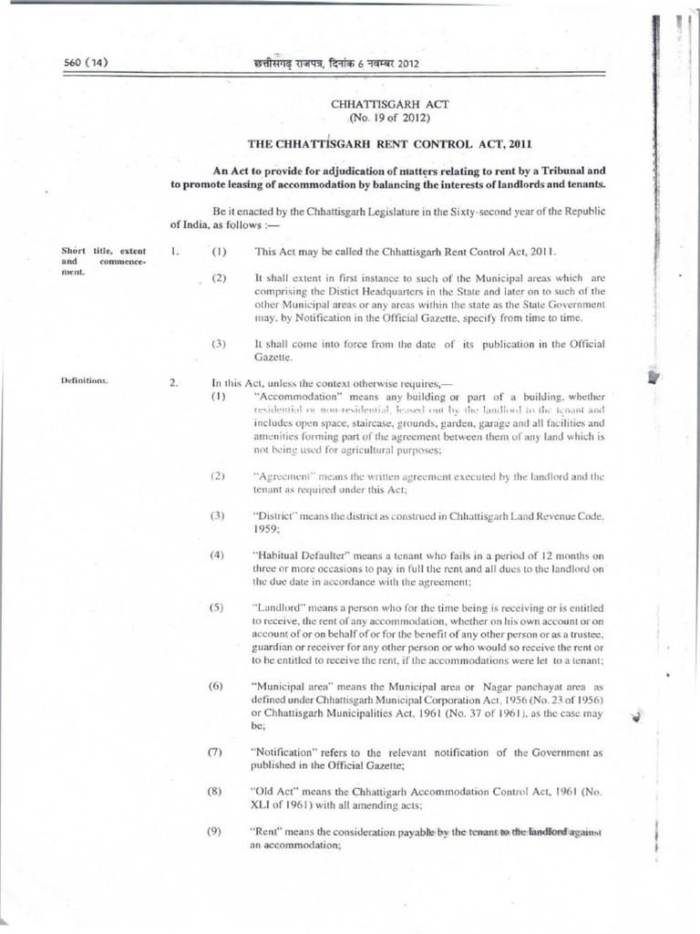 Chhattisgarh Rent Control Act, 2011 | PDF | Leasehold Estate | Lease