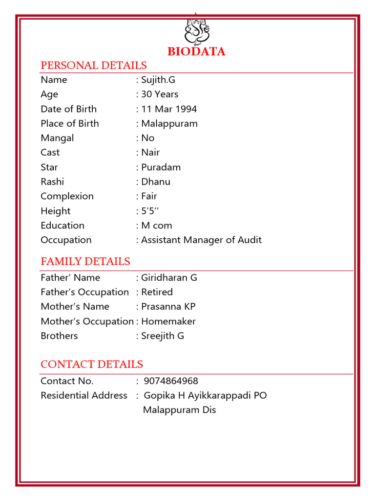 Marriage-Biodata Sujith | PDF