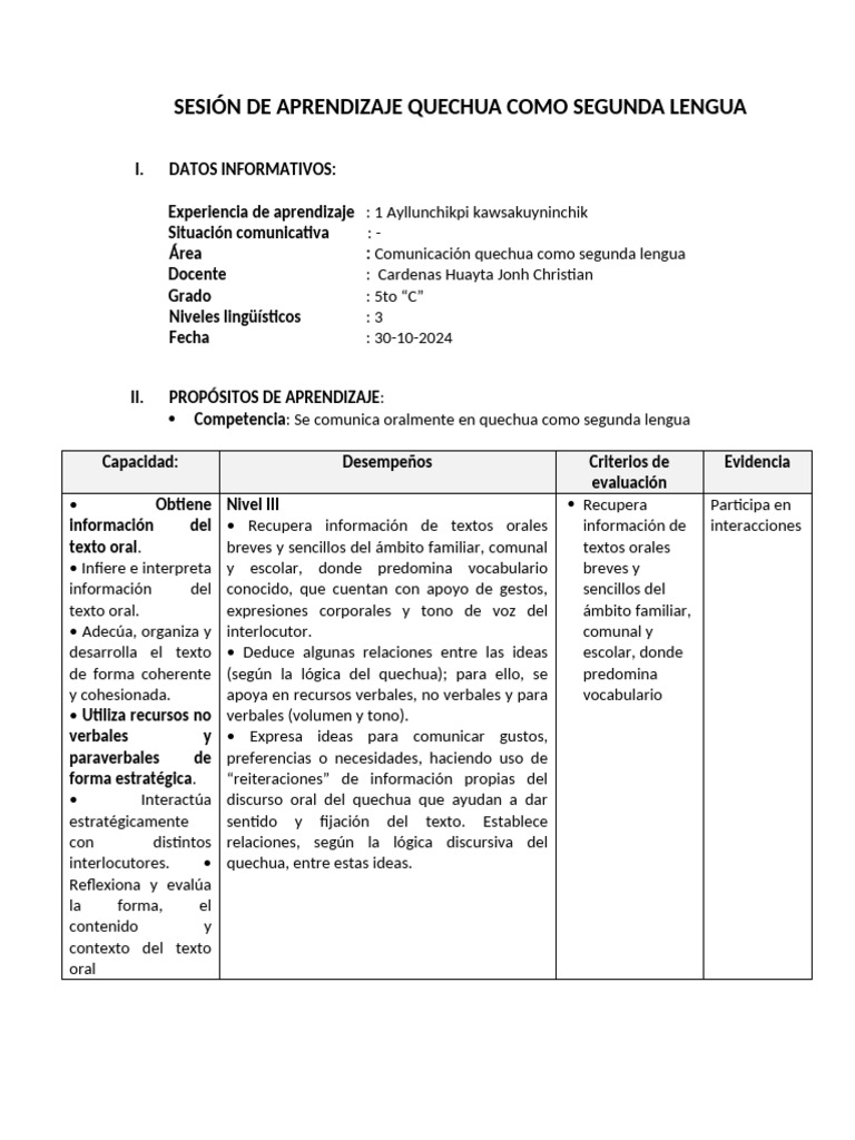 Sesión quechua L2 5 - para combinar (1) | PDF | Segundo lenguaje | Aprendizaje