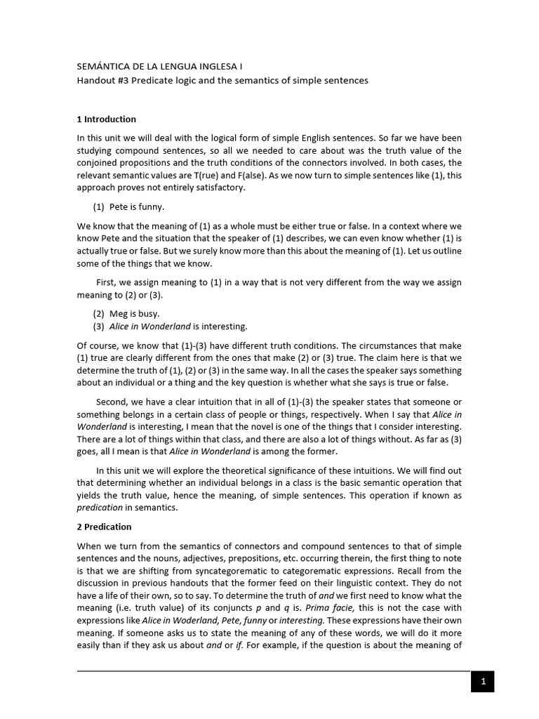 HANDOUT 3 Predicate logic and the semantics of simple sentences(1) | PDF | If And Only If ...