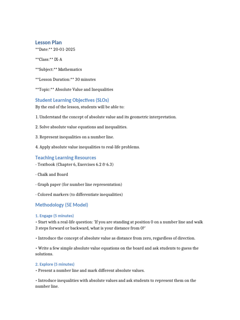 Absolute Value and Inequalities Lesson Plan | PDF