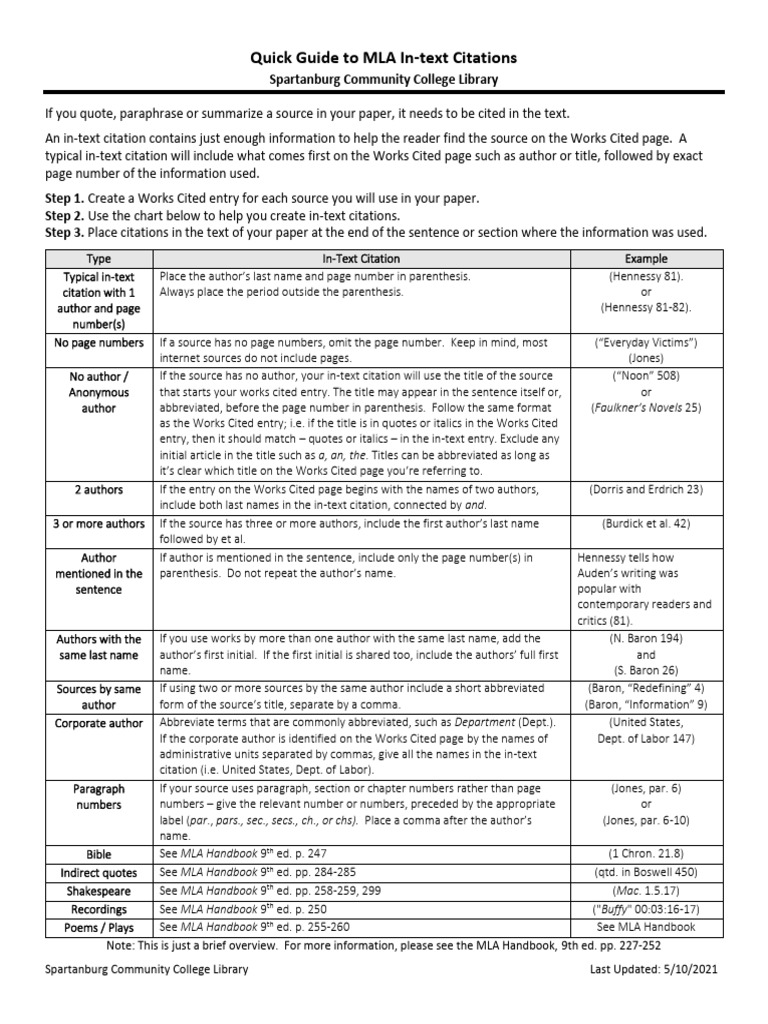MLA Quick Guide In-Text Citations | PDF | Citation | Bracket