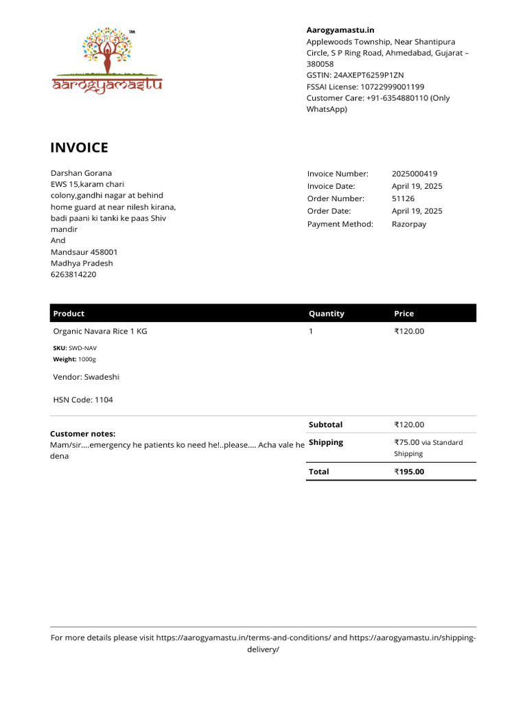 Invoice for Organic Navara Rice Order | PDF