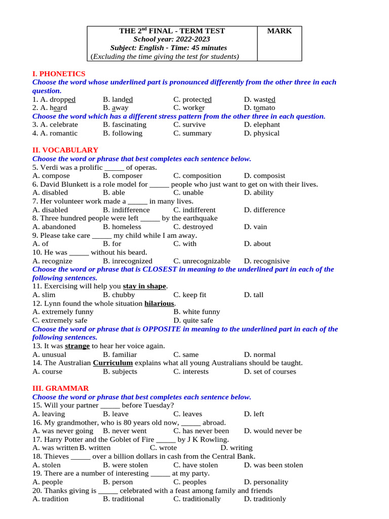 - ĐỀ CUỐI KÌ 2 - ENGLISH 7 | PDF