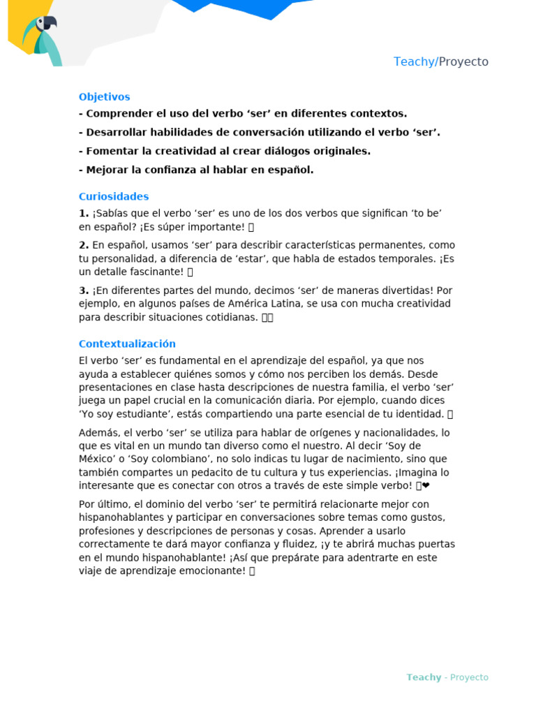 Aprende a Usar el Verbo 'Ser' en Español | PDF | Lengua española ...