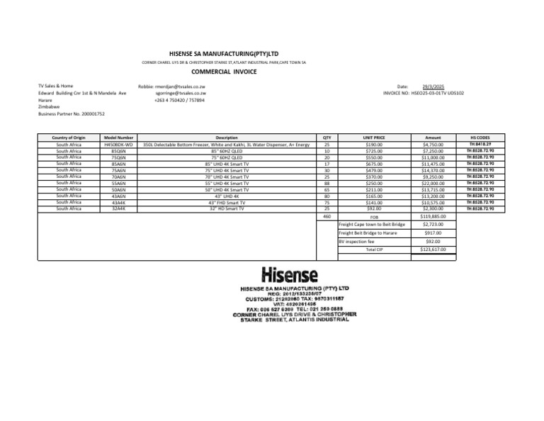 Commercial Invoice for TV Sales Zimbabwe | PDF | Multimedia | Television