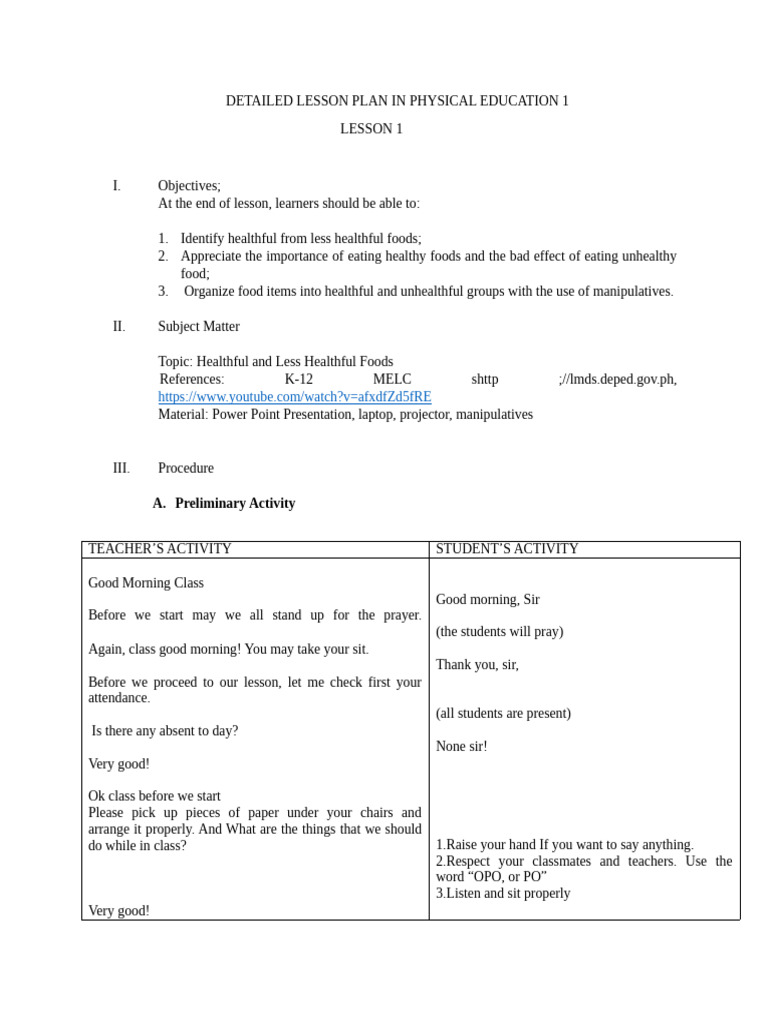 Aj's 20DETAILED 20LESSON 20PLAN-PE 20FINAL 20FINISHED 20 | PDF | Foods ...