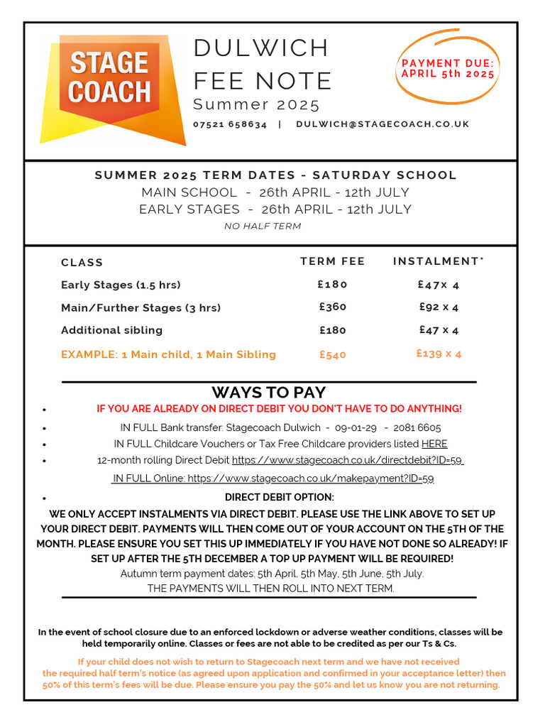 Dulwich Stagecoach Term Fees 2025 | PDF | Debit Card | Payments