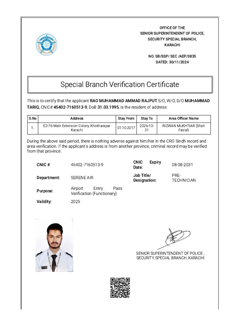 Special Branch Verification Certificate | PDF