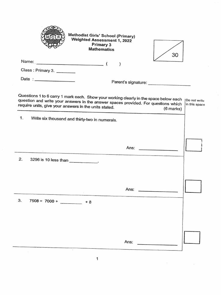 P3 Maths 2022 MGS WA1 Papers | PDF