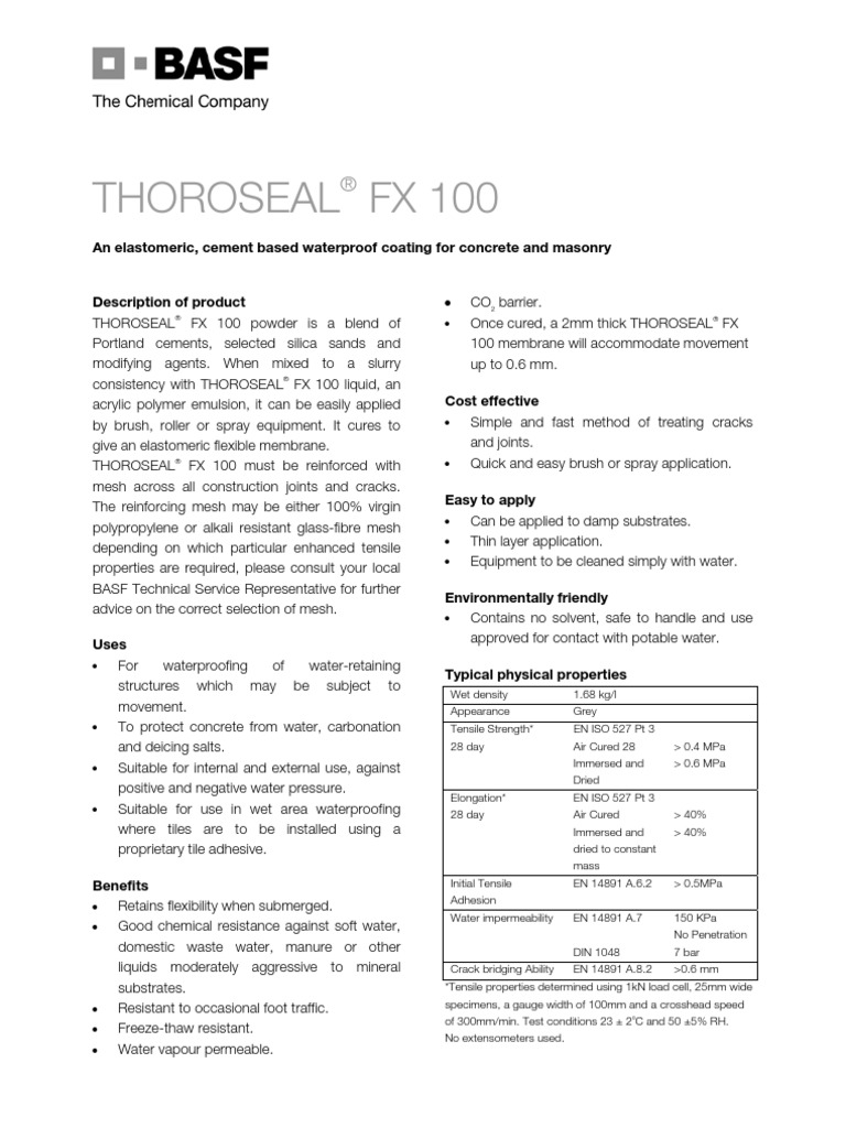 05 - TDS - Thoroseal FX100 | PDF | Concrete | Water