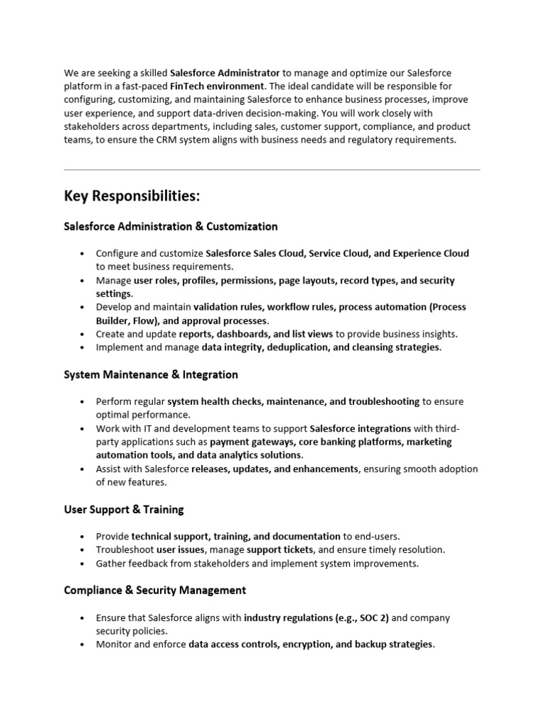Salesforce Administrator Job Overview | PDF | Regulatory Compliance ...