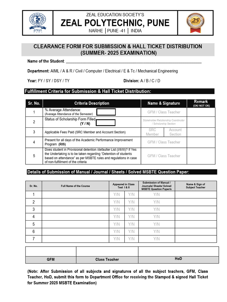 CLEARANCE FORM FOR SUBMISSION & HALL TICKET DISTRIBUTION (2) | PDF