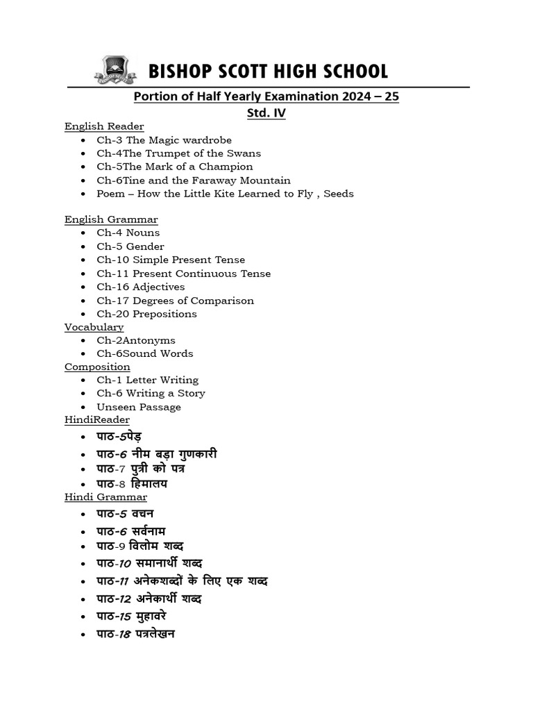 Half Yearly Exam Portion (Class-4) | PDF