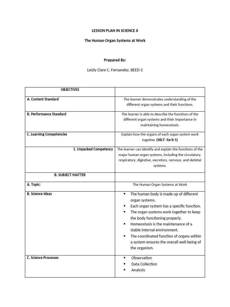 Human Organ Systems Lesson Plan | PDF | Human Body | Anatomy