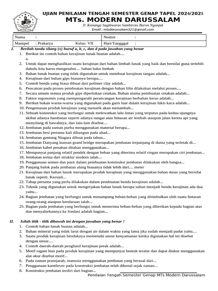 TEKS SOAL MTs Prakarya VII 2025 | PDF