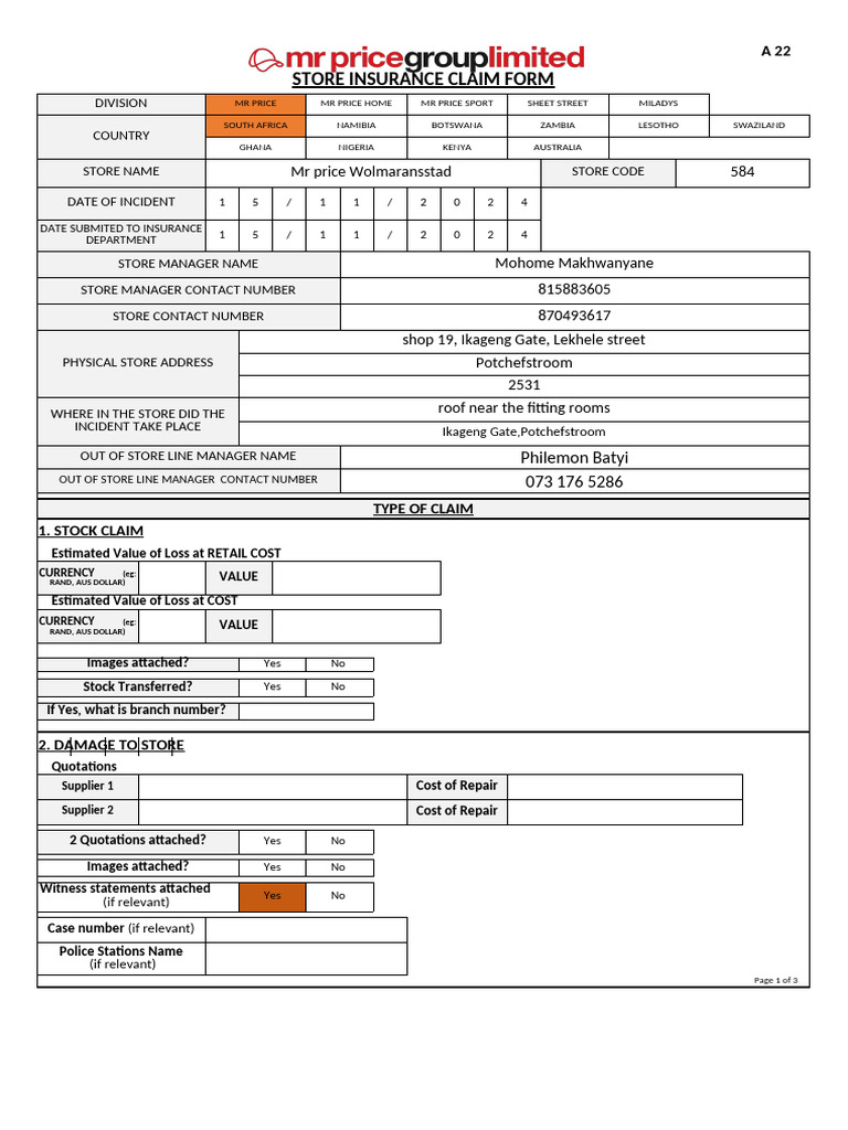 A22 Incident Report - Insurance Claims (MRP Ikageng Potche 2 | PDF ...