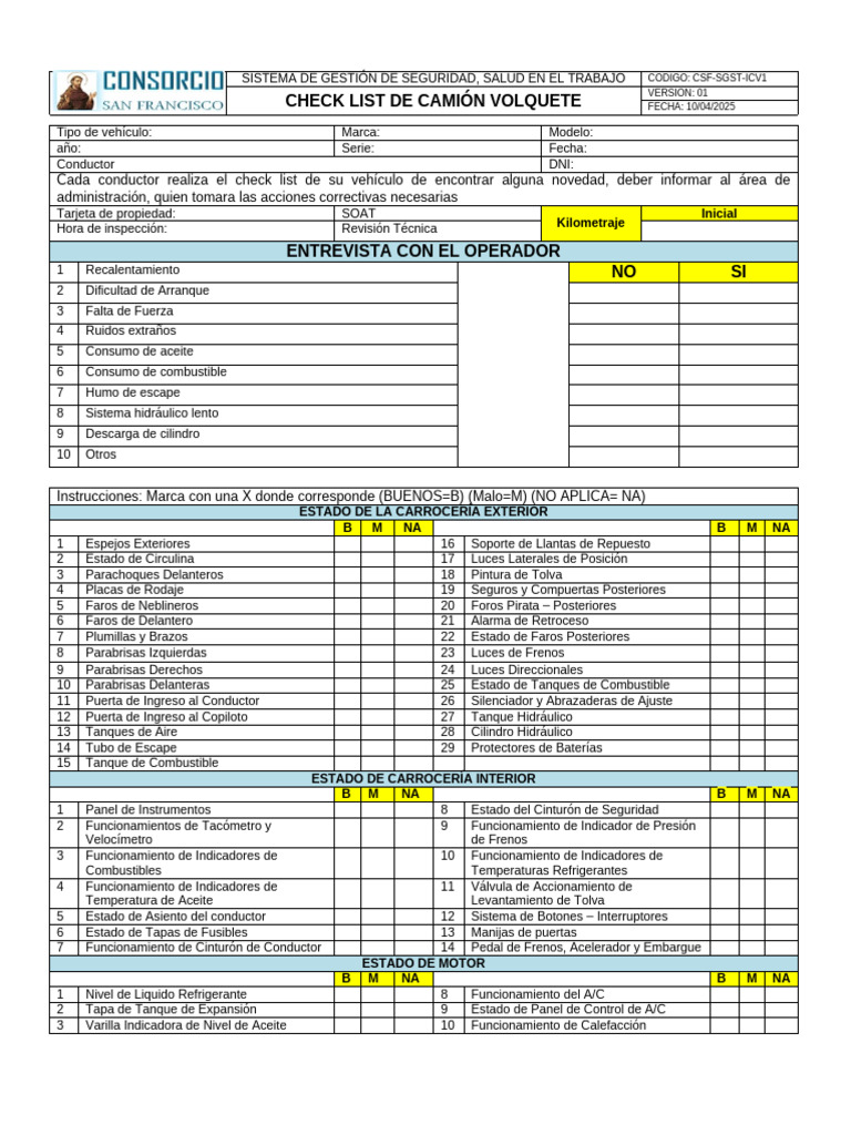 Check List de Inspección de Camión Volquete | PDF | Camión | Acelerador