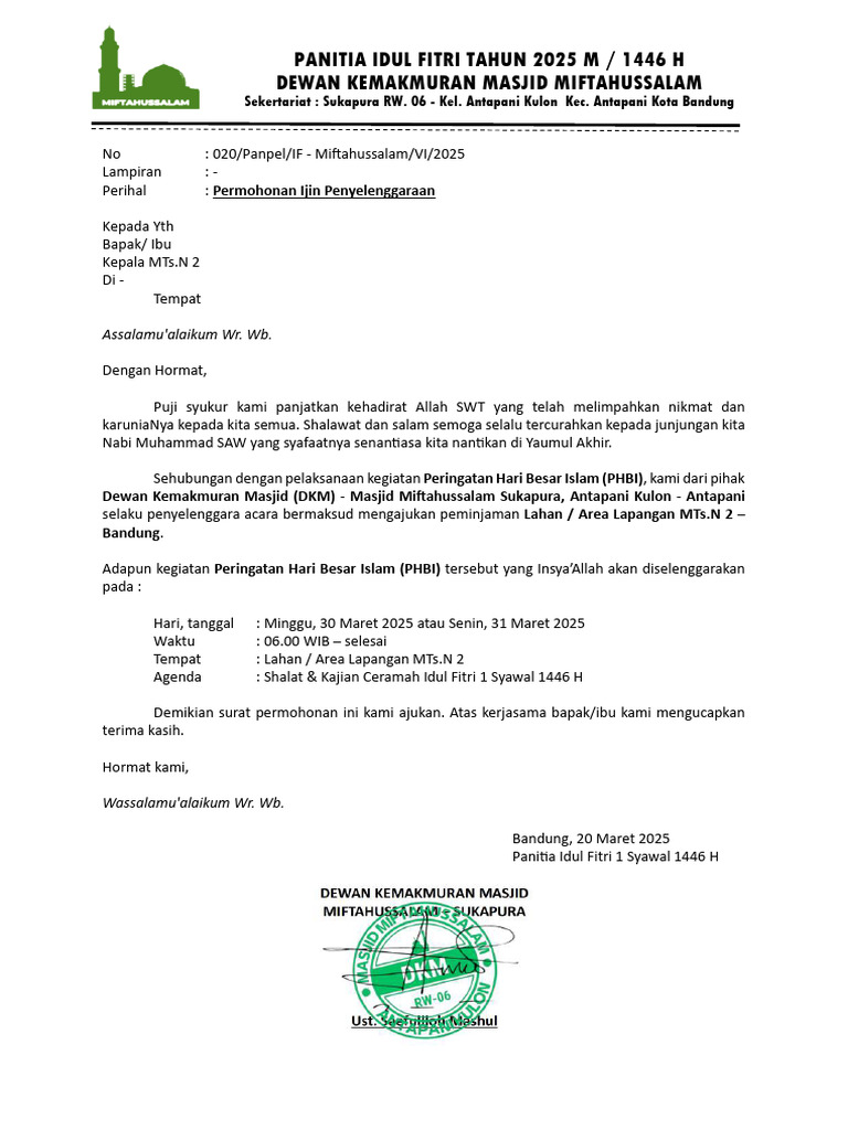 Permohonan Ijin Idul Fitri 1446 H - Miftahussalam | PDF