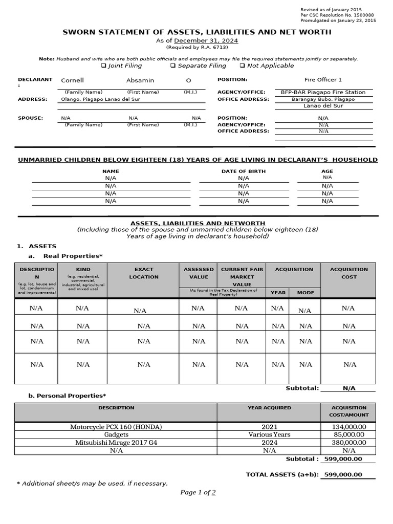 SALN Revised 2015 Form - FO1 Cornell | PDF | Financial Accounting