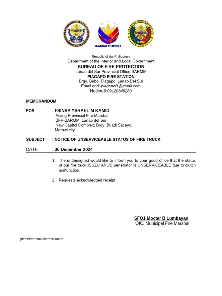Notice of Fire Truck Unserviceability | PDF