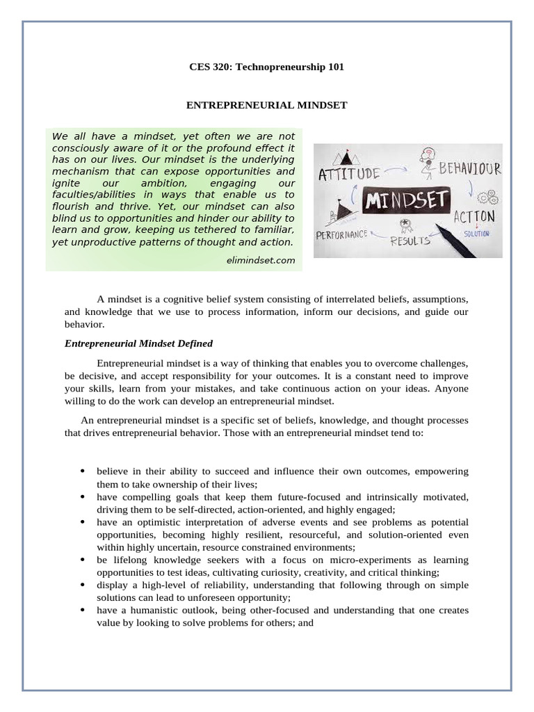 2entrepreneurial Mindset | PDF | Mindset | Entrepreneurship