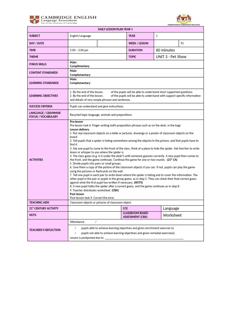 RPH BI YEAR 1 (L91-95)_w5&6&7_pkpp2020 | PDF | Lesson Plan | Teachers