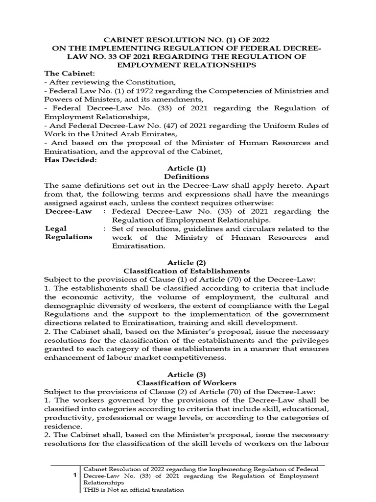Cabinet Resolution No 1 of 2022 On The Implementimregulation of Federal Decree Low No 33 of 2021 ...