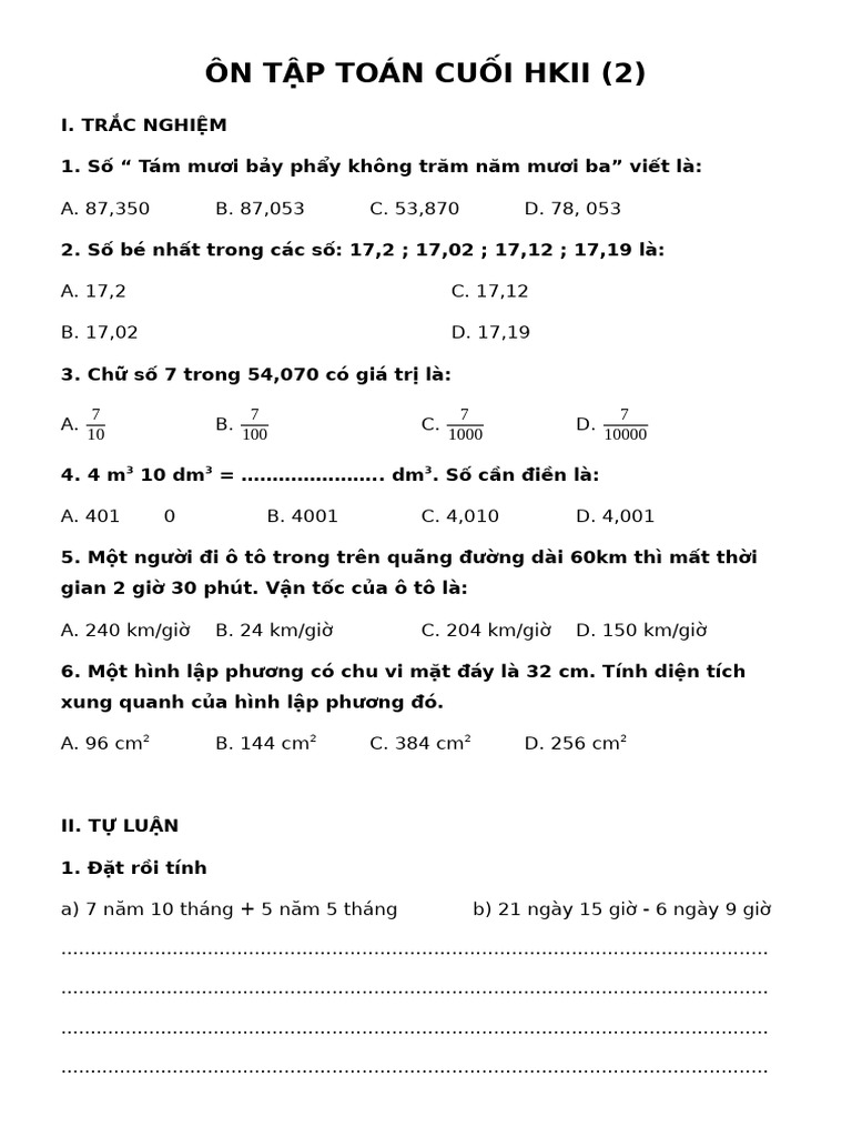 ÔN TẬP TOÁN CUỐI HKII - 2 | PDF