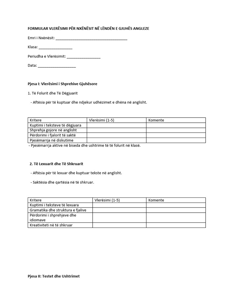 Formular Vlerësimi Për Nxënësit Në Lëndën E Gjuhës Angleze | PDF