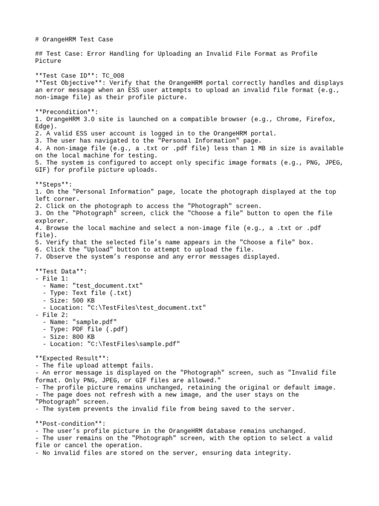 OrangeHRM Test Case - Profile Picture Upload With Invalid File | PDF ...