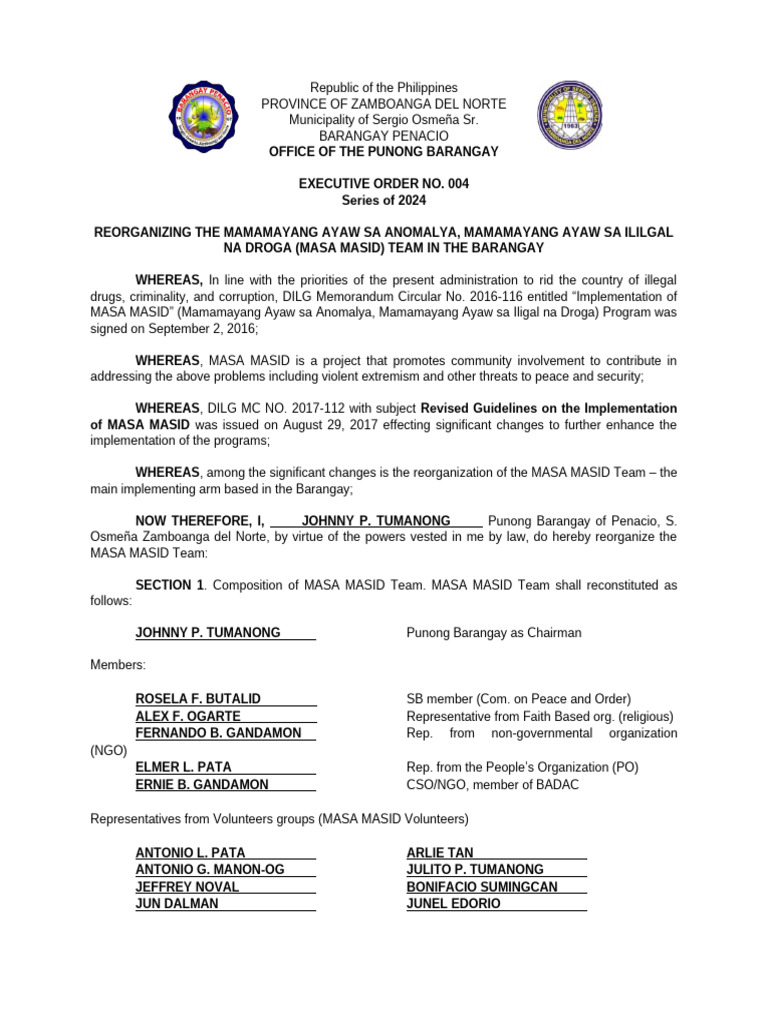 Executive Order No. 4-2024 (MASA MASID | PDF | Government | Justice